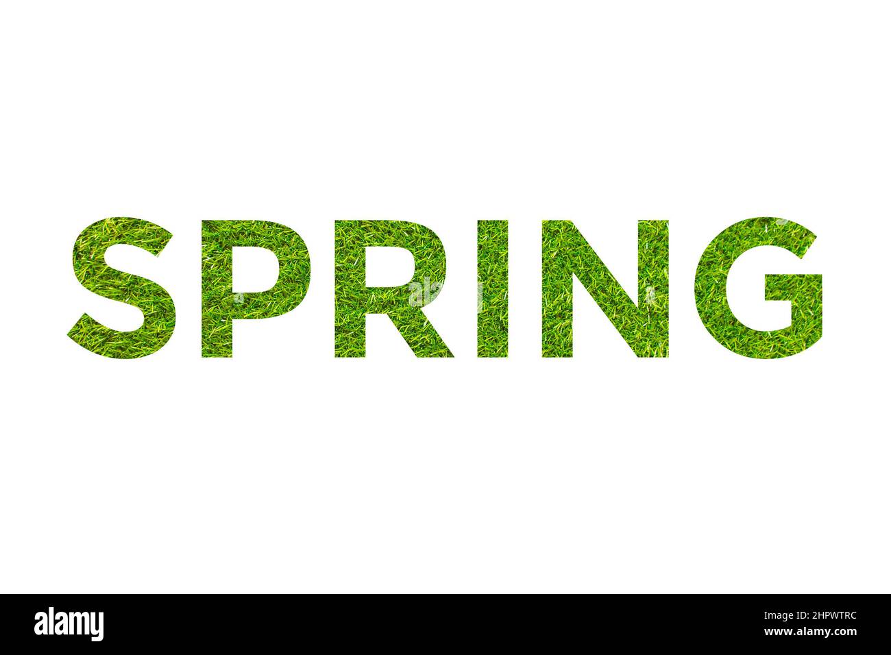 Colorful word spring with images of grass inside the letters on a white ...