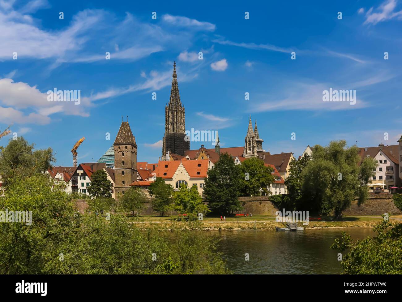 Ulm Cathedral, in front of it Danube bank, city wall, Metzgerturm, Ulm ...