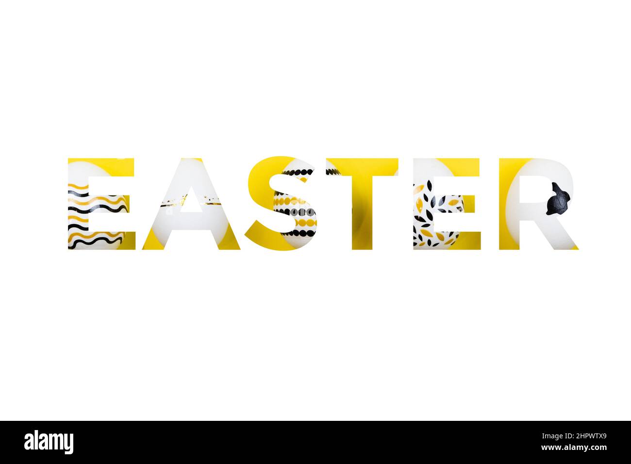 The word easter on a white background. Eggs in white, black and gold ...