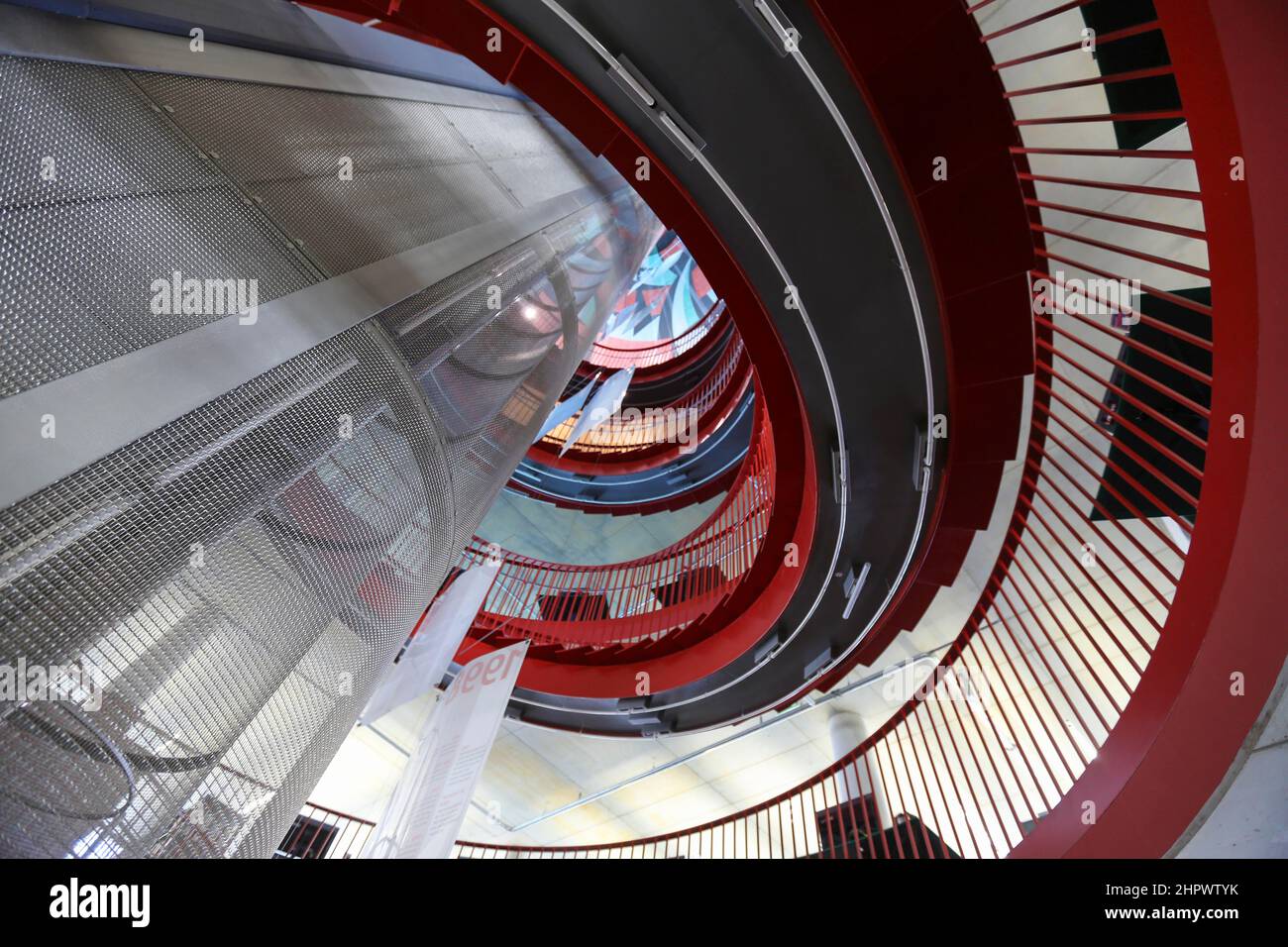 Lift, red staircase railing of the city library, Ulm, Baden ...
