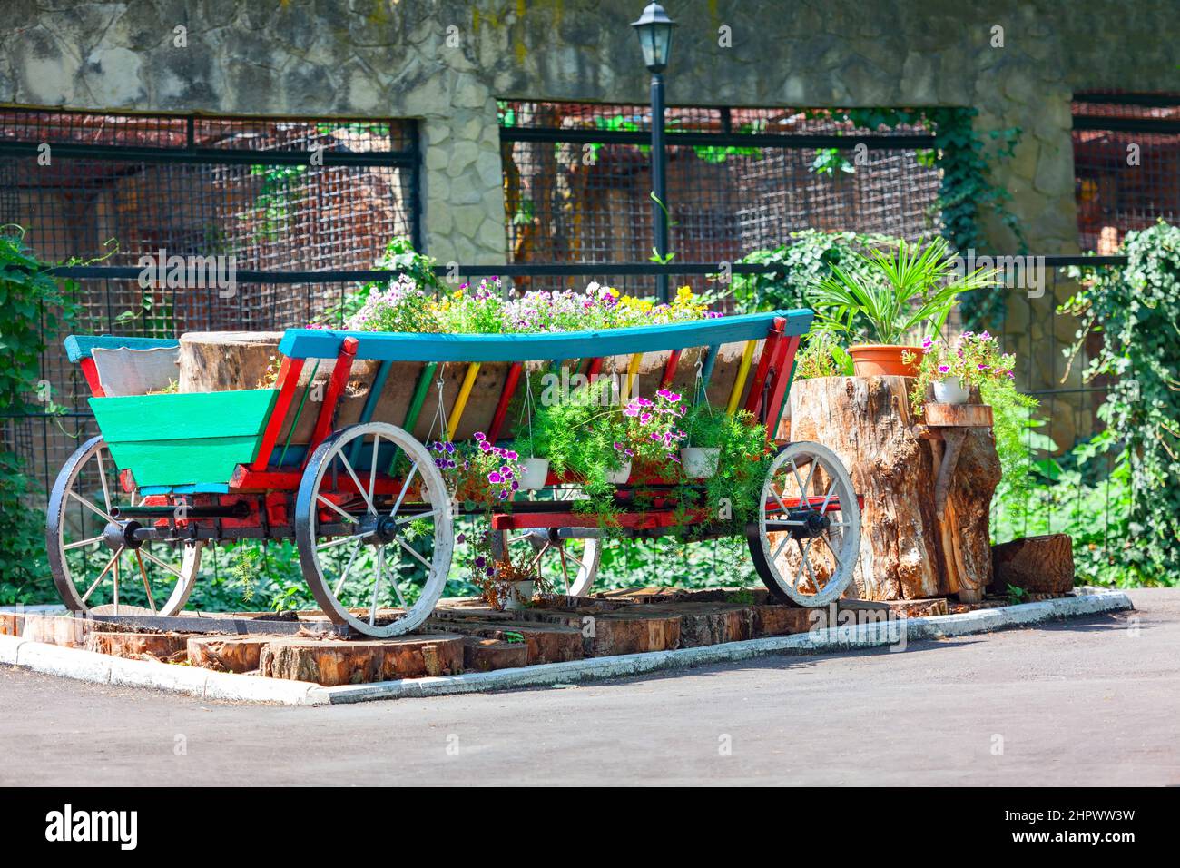 Decorative horse drawn wagon with flowers . Design in rustic style ...