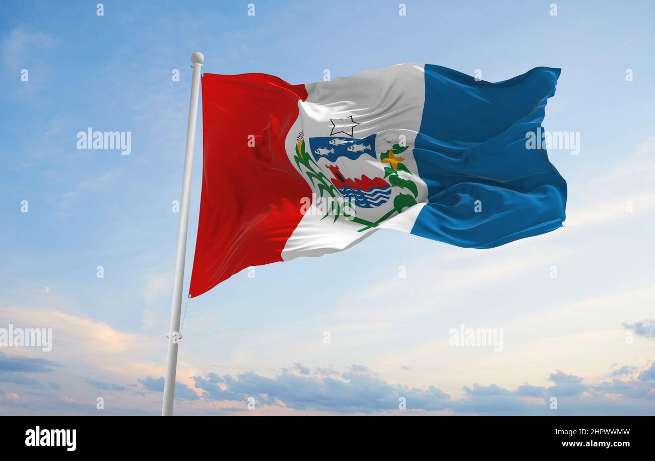 flag of Alagoas , Brazil at cloudy sky background on sunset, panoramic ...