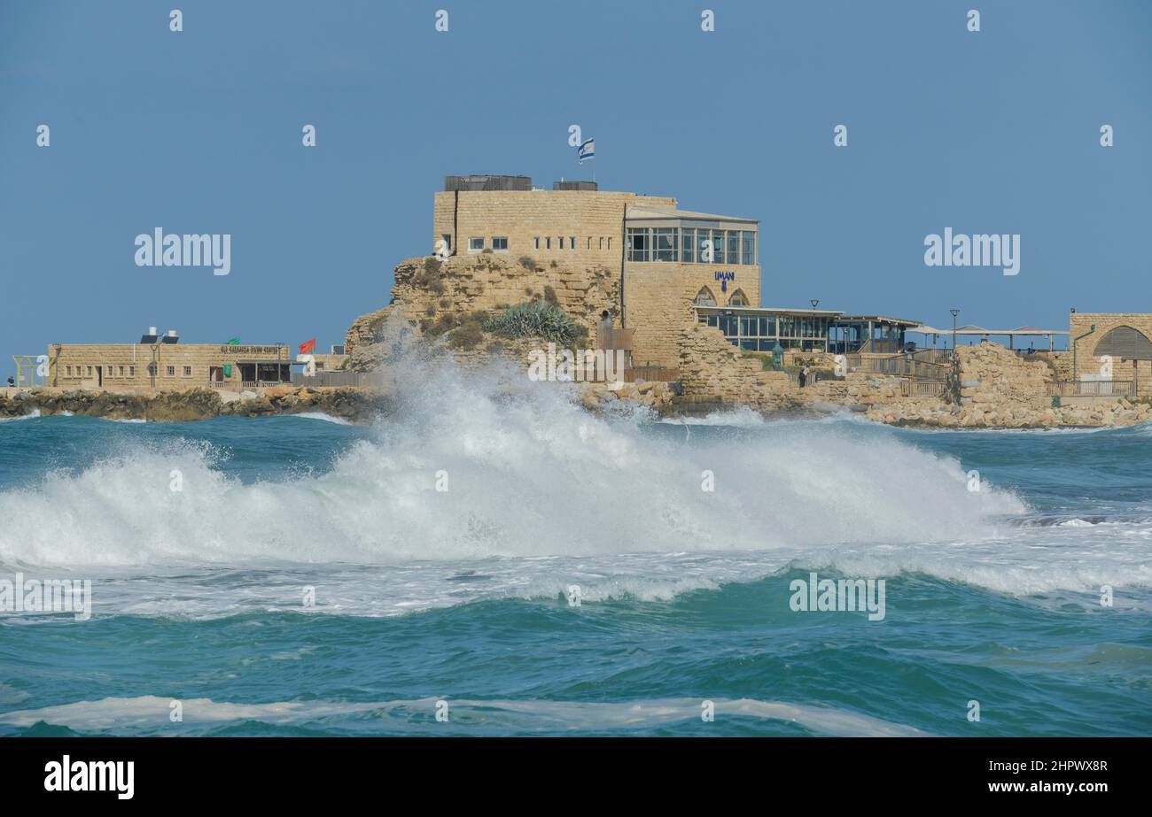Harbour building with restaurant, Caesarea, Israel Stock Photo - Alamy