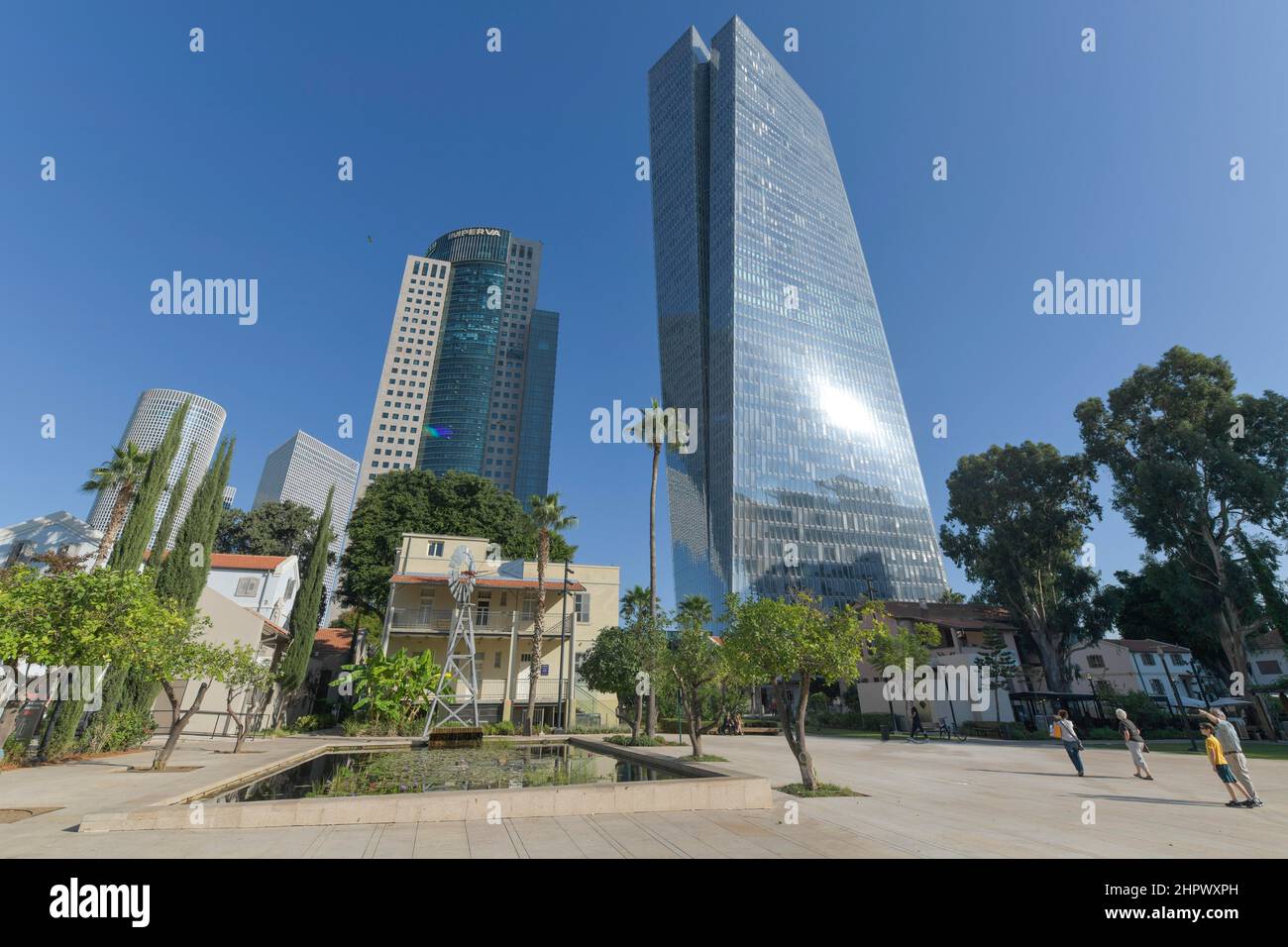 Old building in the Sarona district, modern high-rises, left Kirya ...