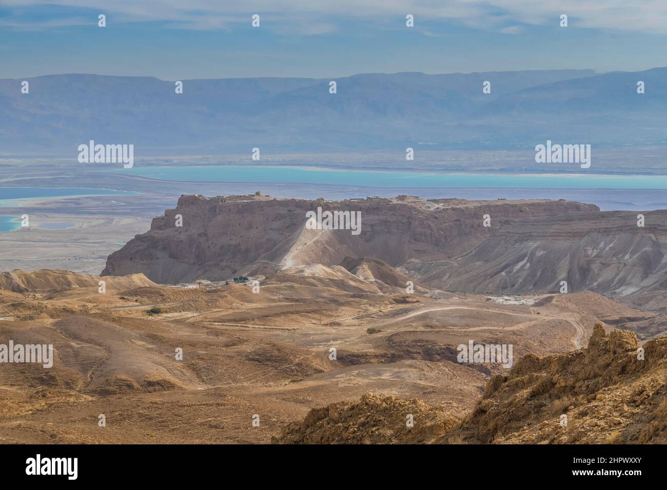 West view with Roman siege ramp, fortification, ruins of Masada, Dead ...