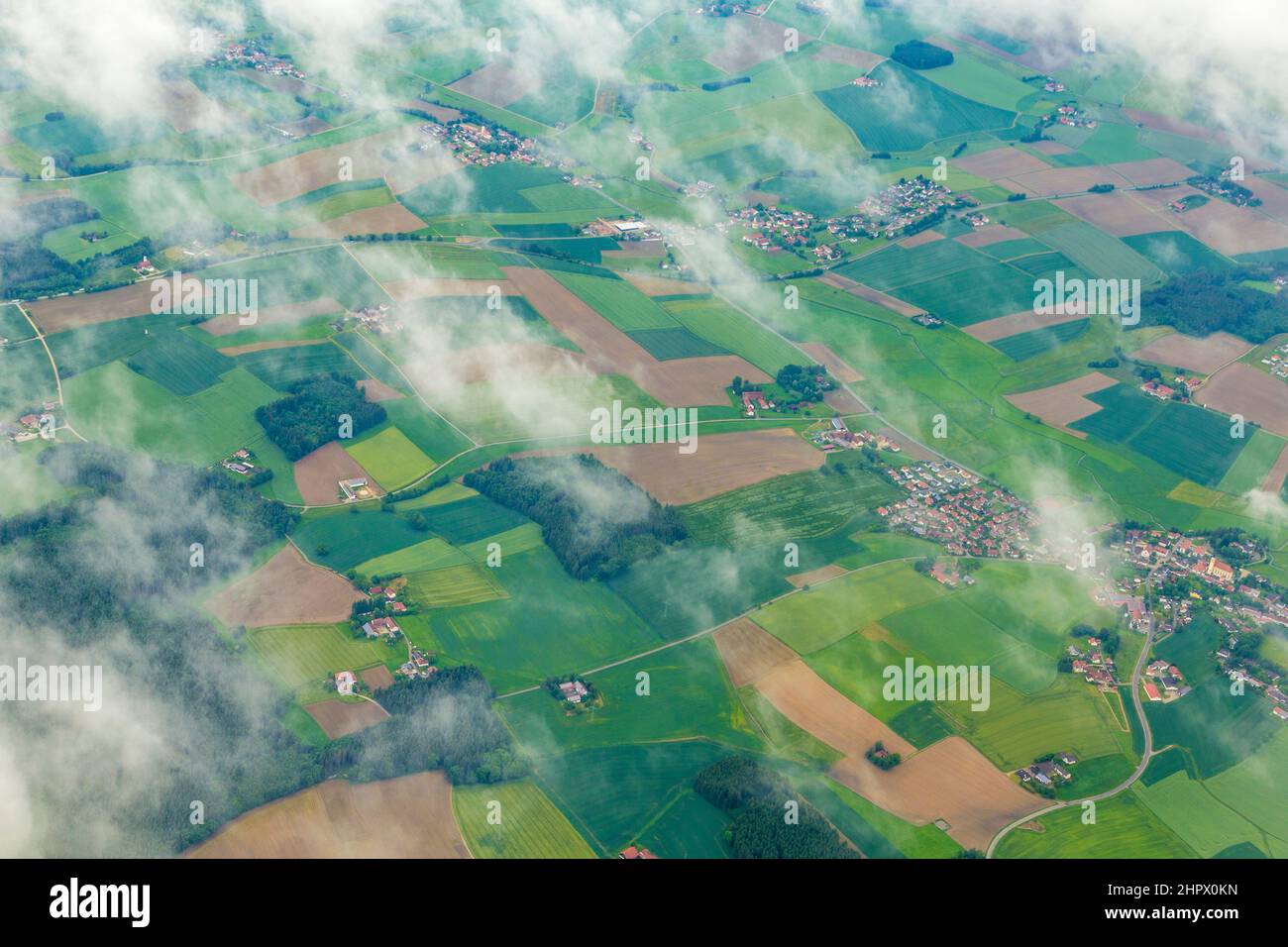 aerial of rural area near Airport Munich in the Erdinger Moos, Germany ...
