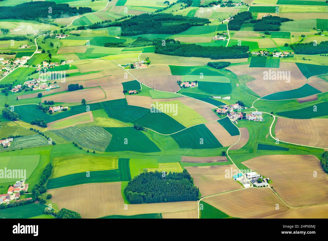 aerial of rural area near Airport Munich in the Erdinger Moos, Germany ...