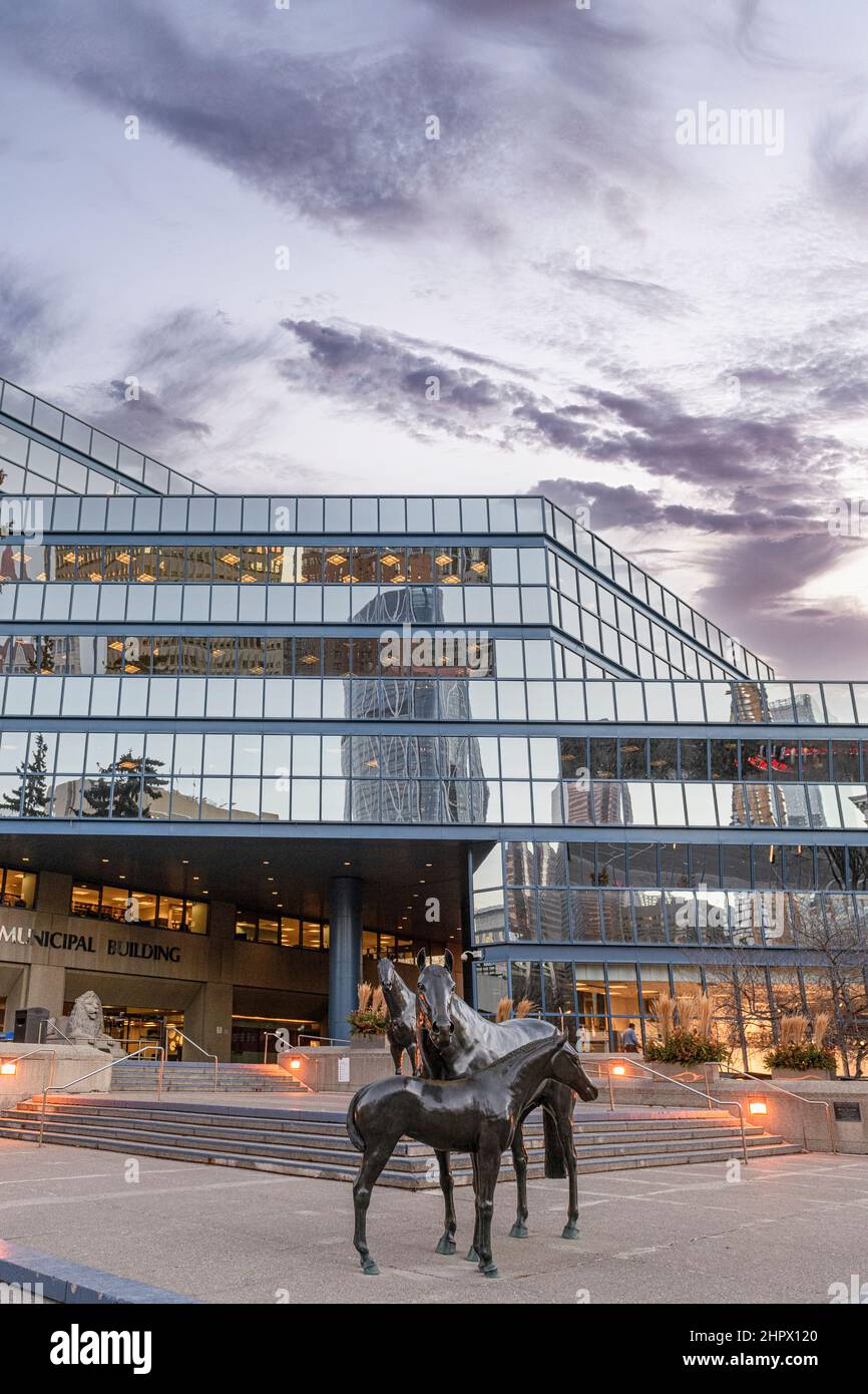 Calgary City Hall, with Family of Horses statue in front, Alberta ...