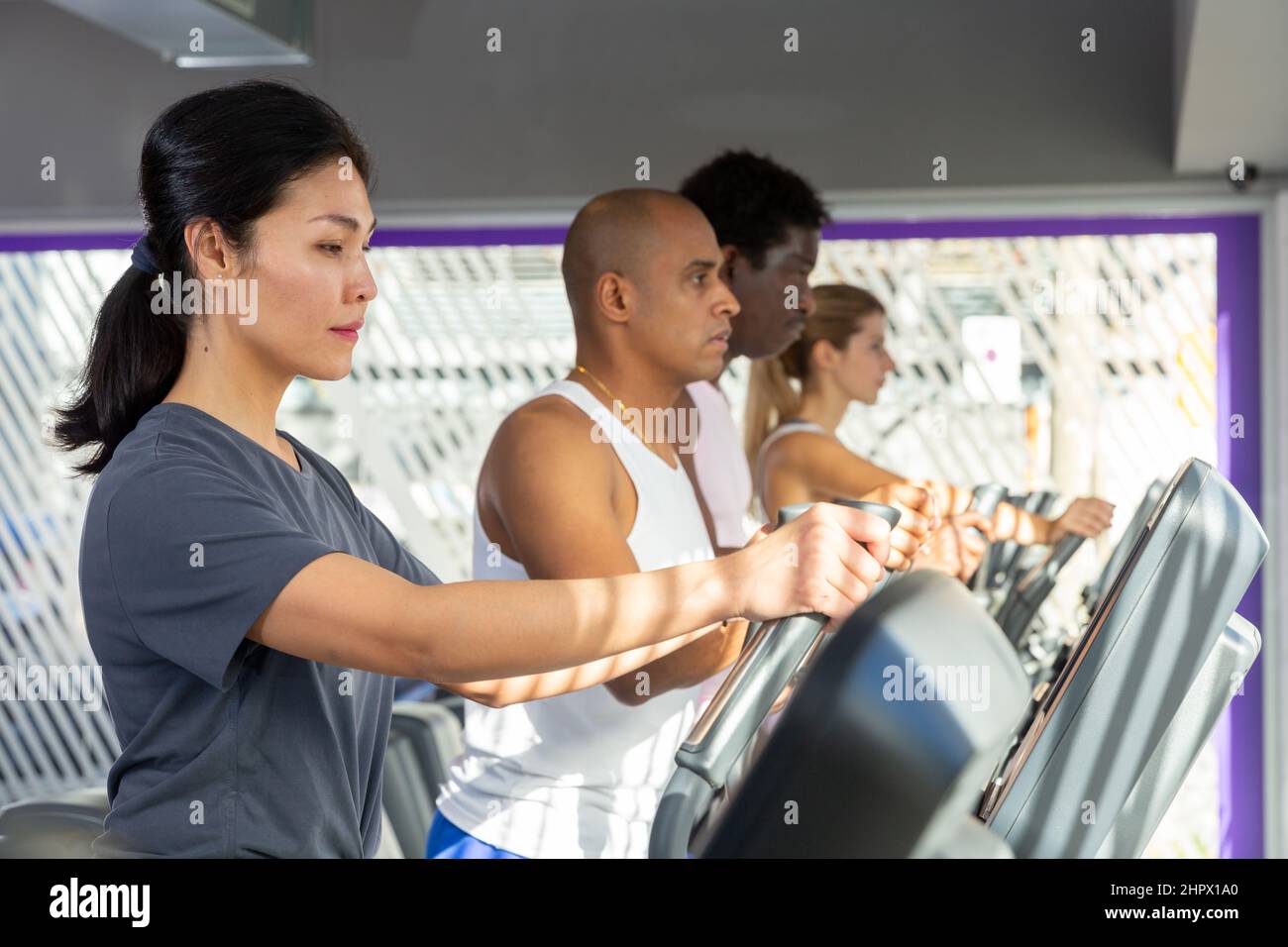 People having running elliptical trainer class in club Stock Photo - Alamy