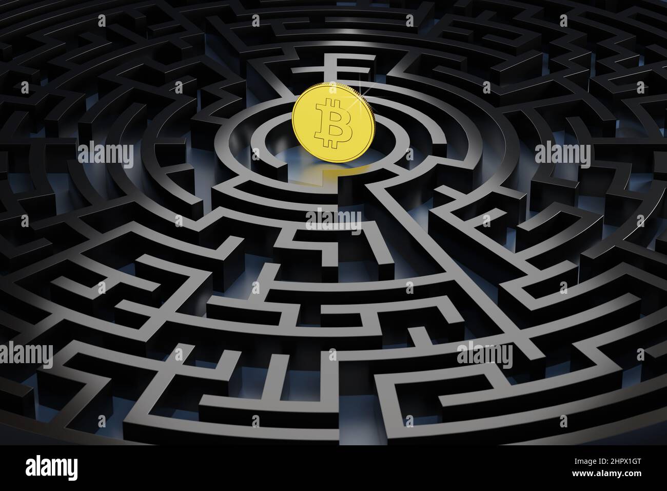 Bitcoin coin in the center of a maze. 3d illustration Stock Photo - Alamy