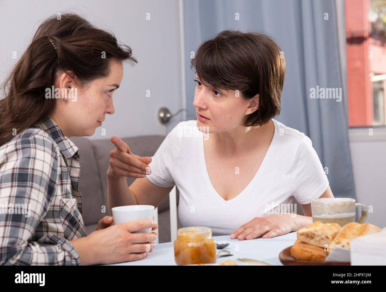 Portrait of unhappy girl friends discussion while drinking tea in home ...