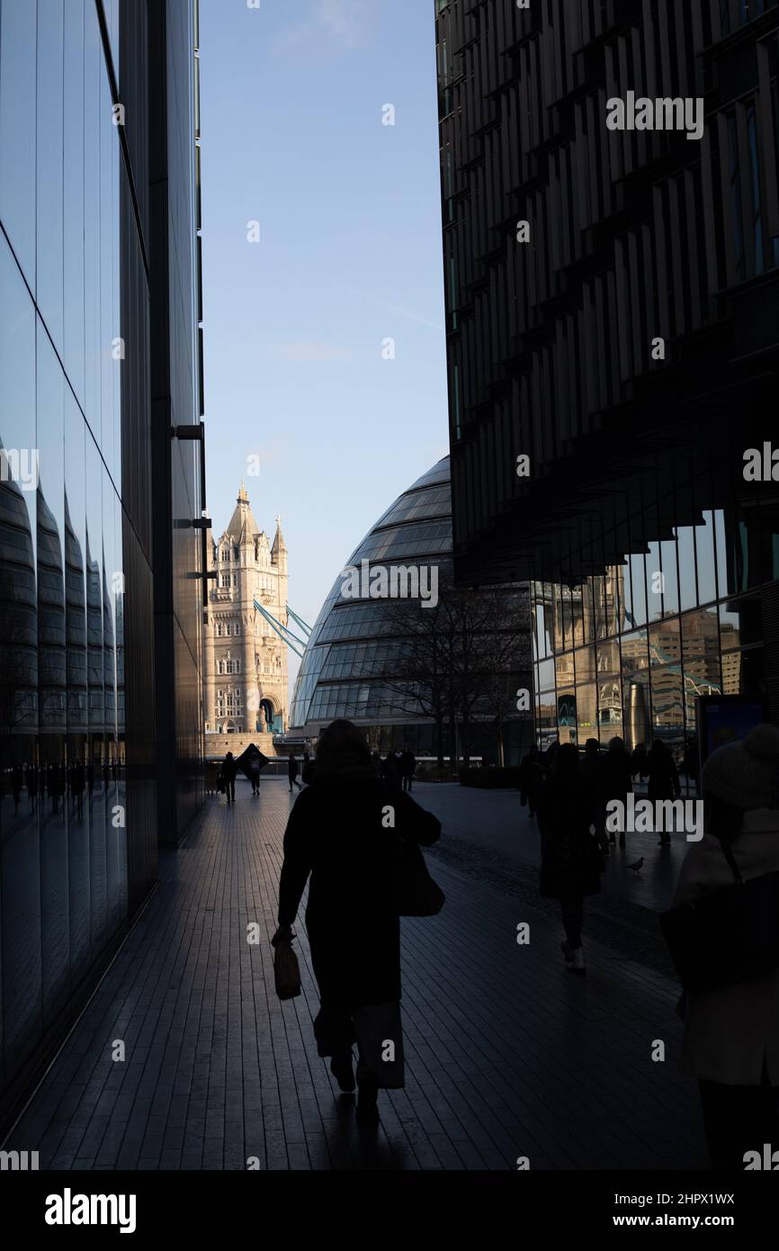 Tower Bridge and the GLA Building - peeking from in between buildings ...