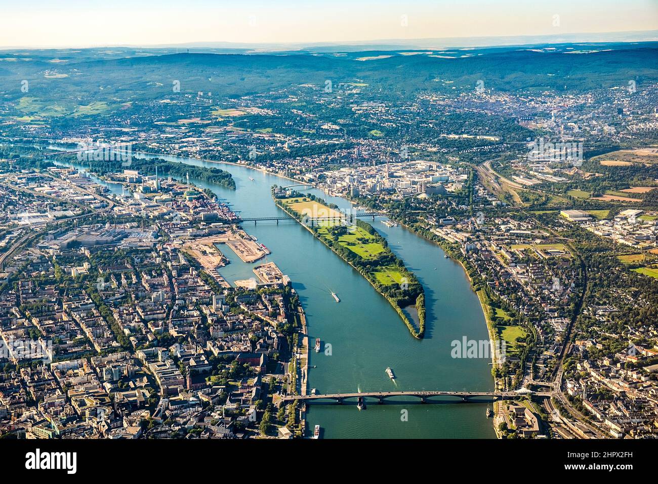 aerial view to Mainz and river Rhine and central bridges Stock Photo ...