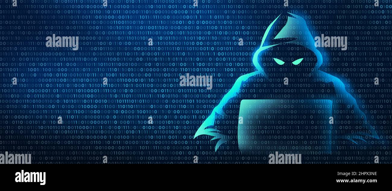 Hacker in binary code digital background. Cyber crime and internet privacy hacking. Network ...