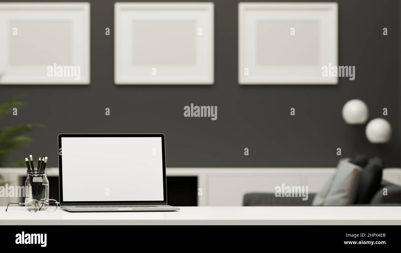Modern contemporary home office desk with portable laptop white screen ...