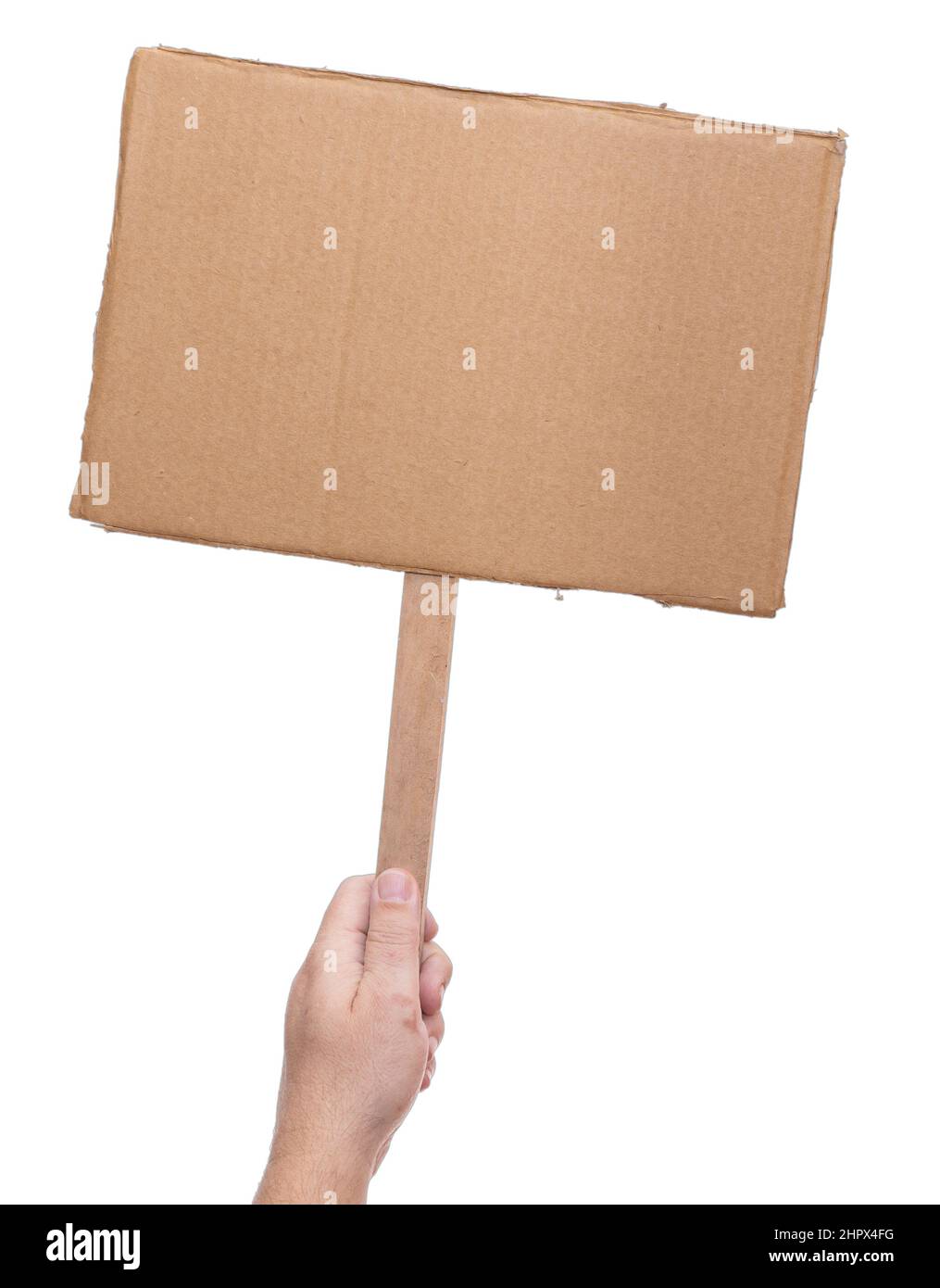 A Hand holding a cardboard sign without any captions from below using a ...