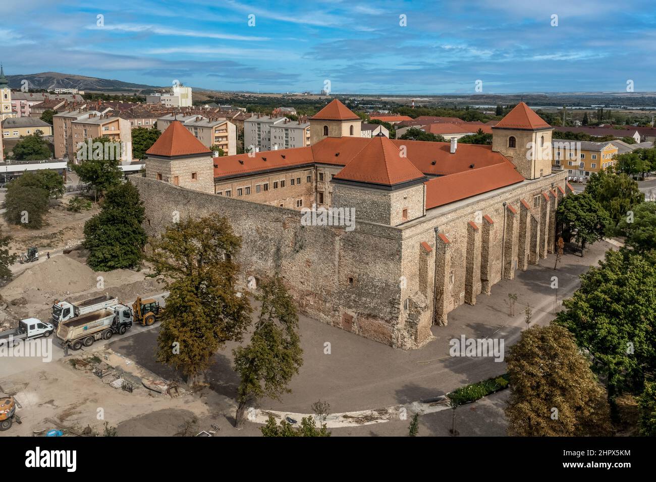Aerial view of the back of Thury castle in Varpalota Hungary with four ...