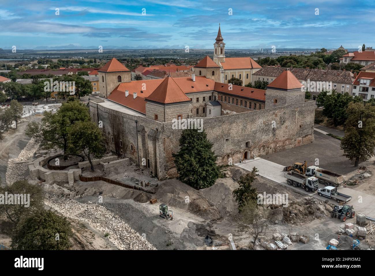 Aerial view of Varpalota Thury castle with 4 corner towers Stock Photo ...