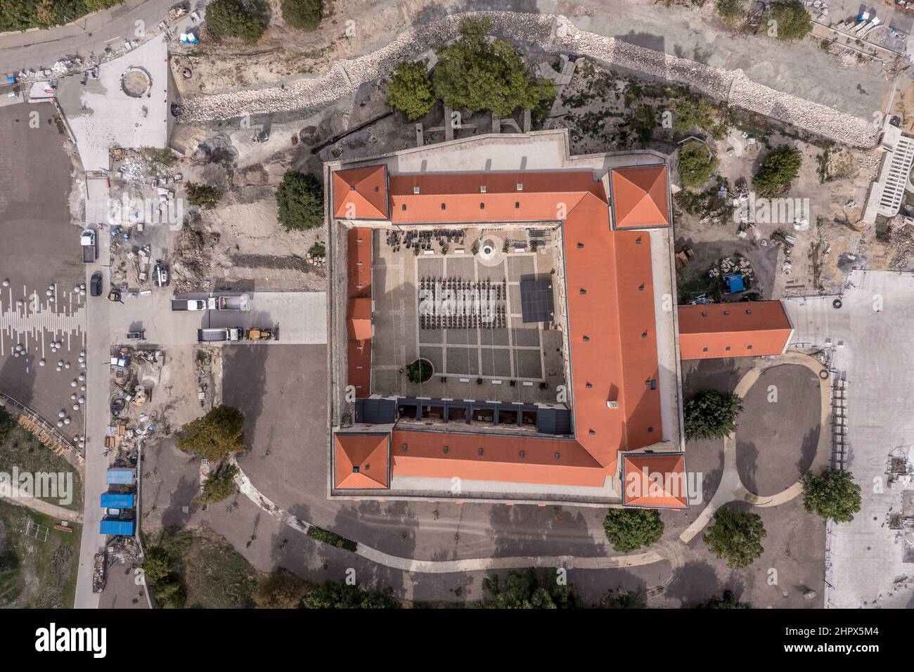 Aerial top down view of Thury castle in Varpalota Hungary with newly ...