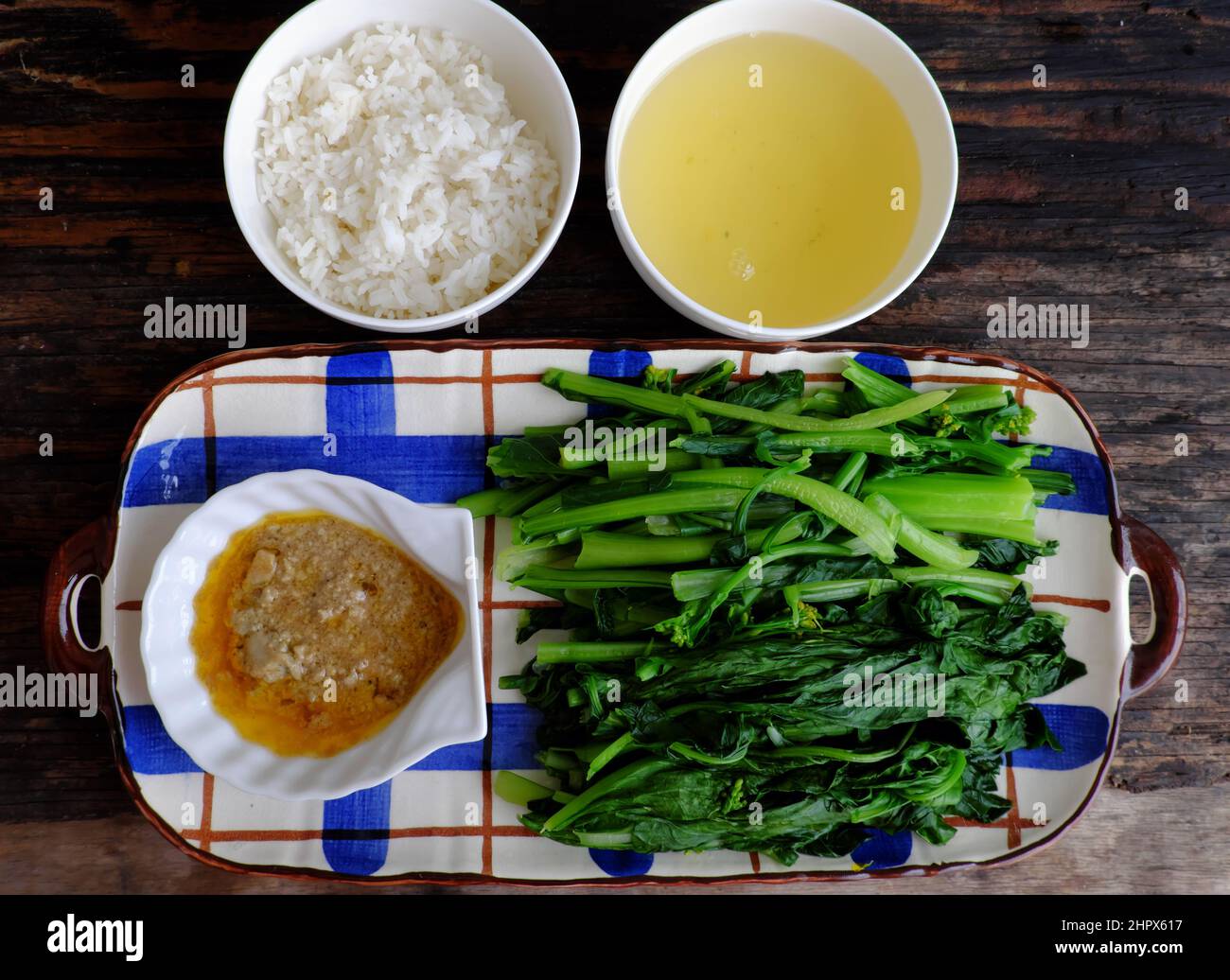 Vietnamese healthy food with vegan ingredient, boiled choy sum with ...