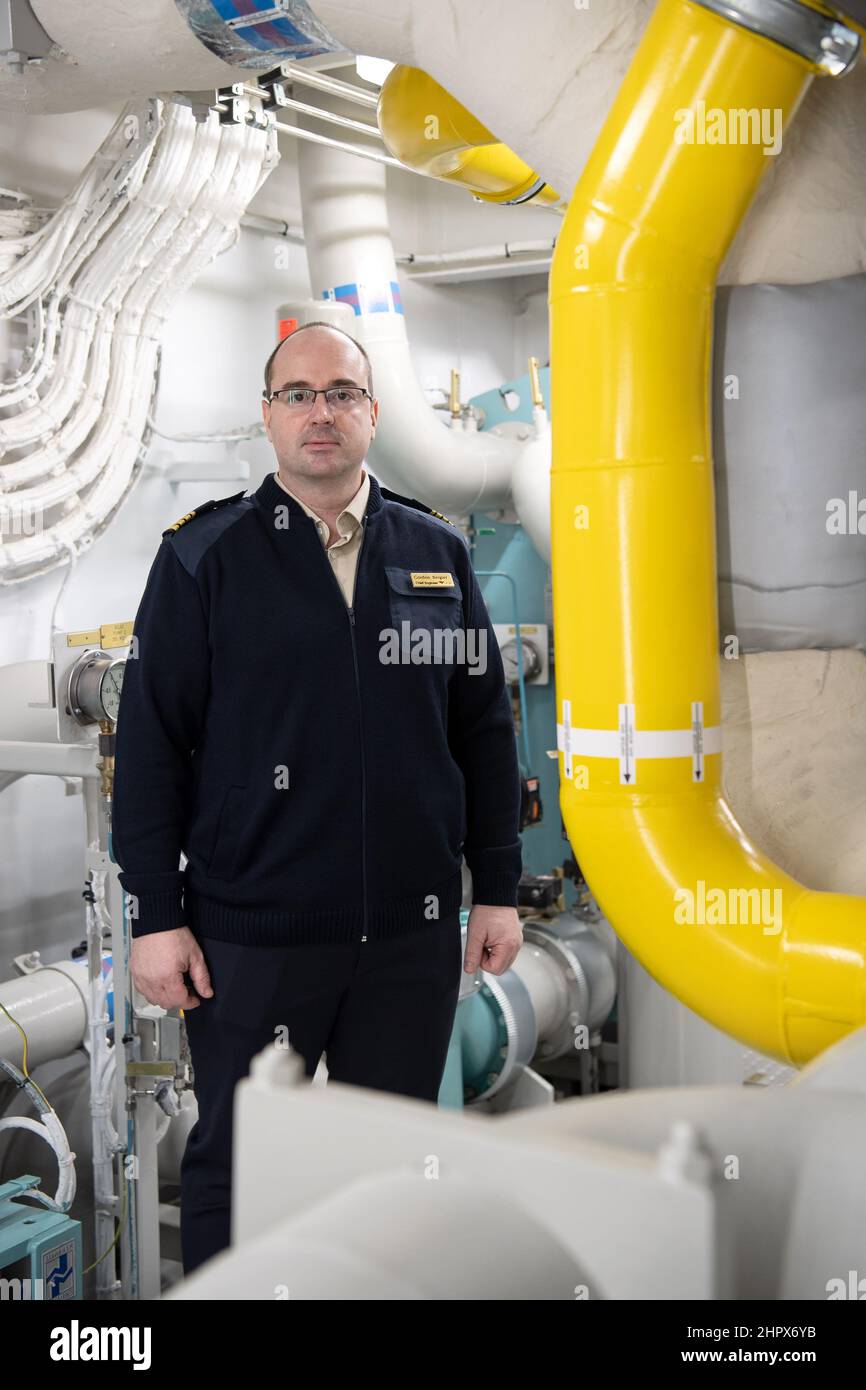 Kiel, Germany. 22nd Feb, 2022. Gordon Bergier, chief engineer, stands ...