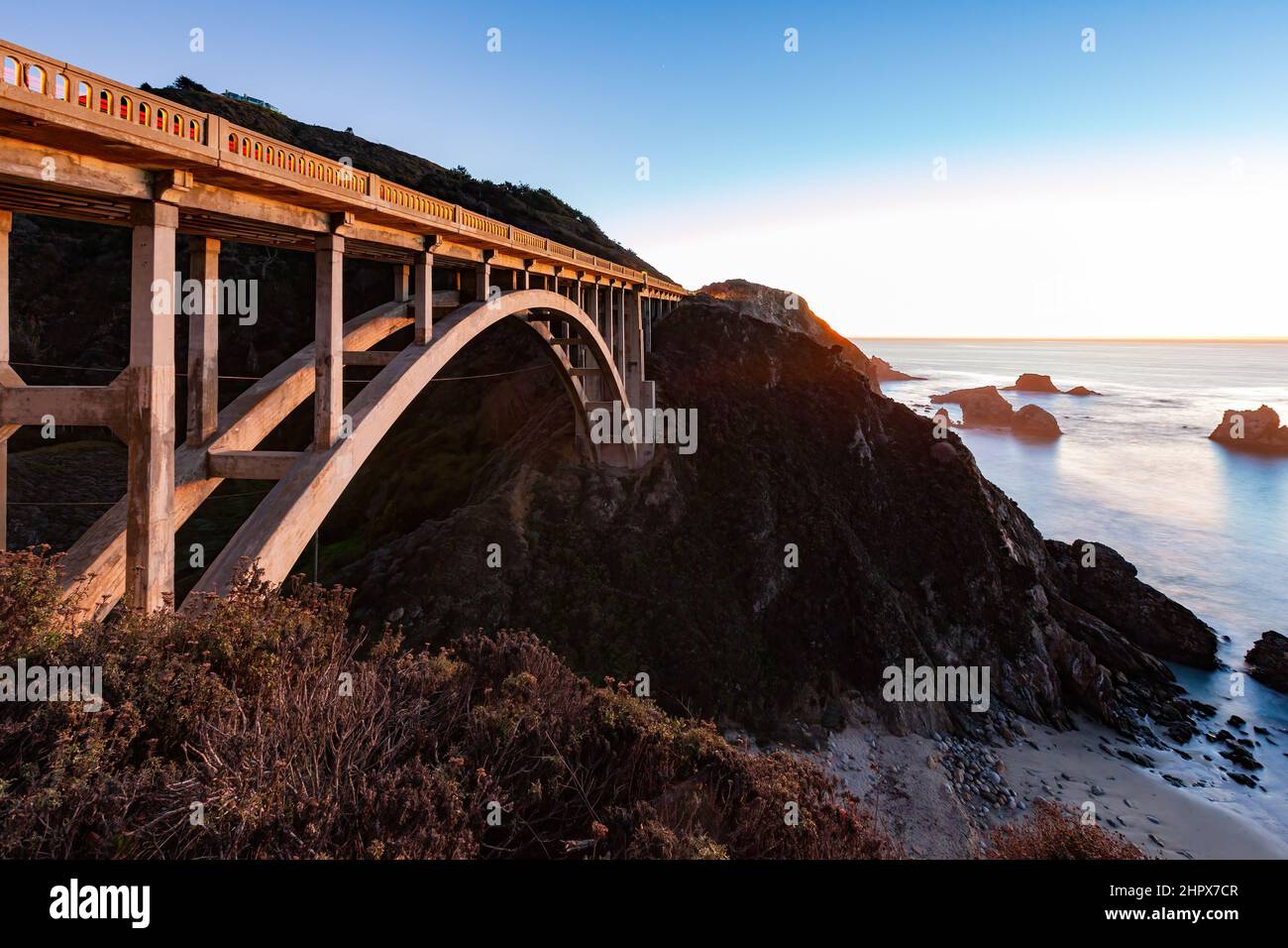 Sunset view of the Rocky Creek Bridge at Big sur, California Stock ...
