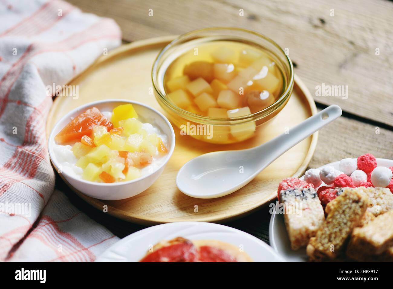 Chinese desserts, milk pudding fruit salad and Mix ginkgo nuts cassava ...
