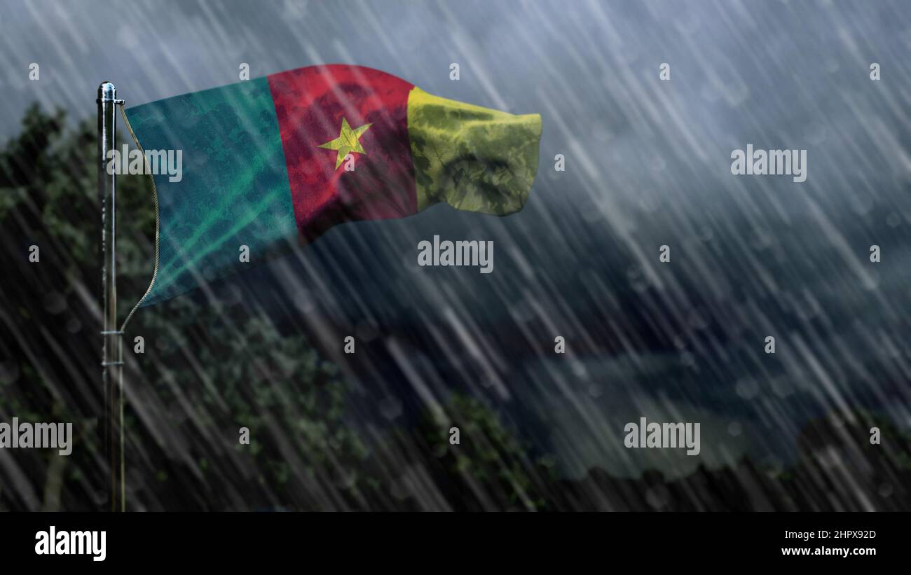 flag of Cameroon with rain and dark clouds, hail rain forecast symbol ...