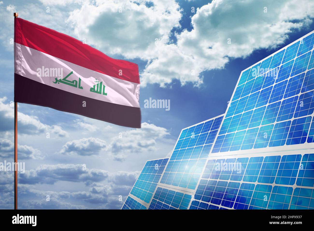 Iraq solar energy, alternative energy industrial concept with flag ...