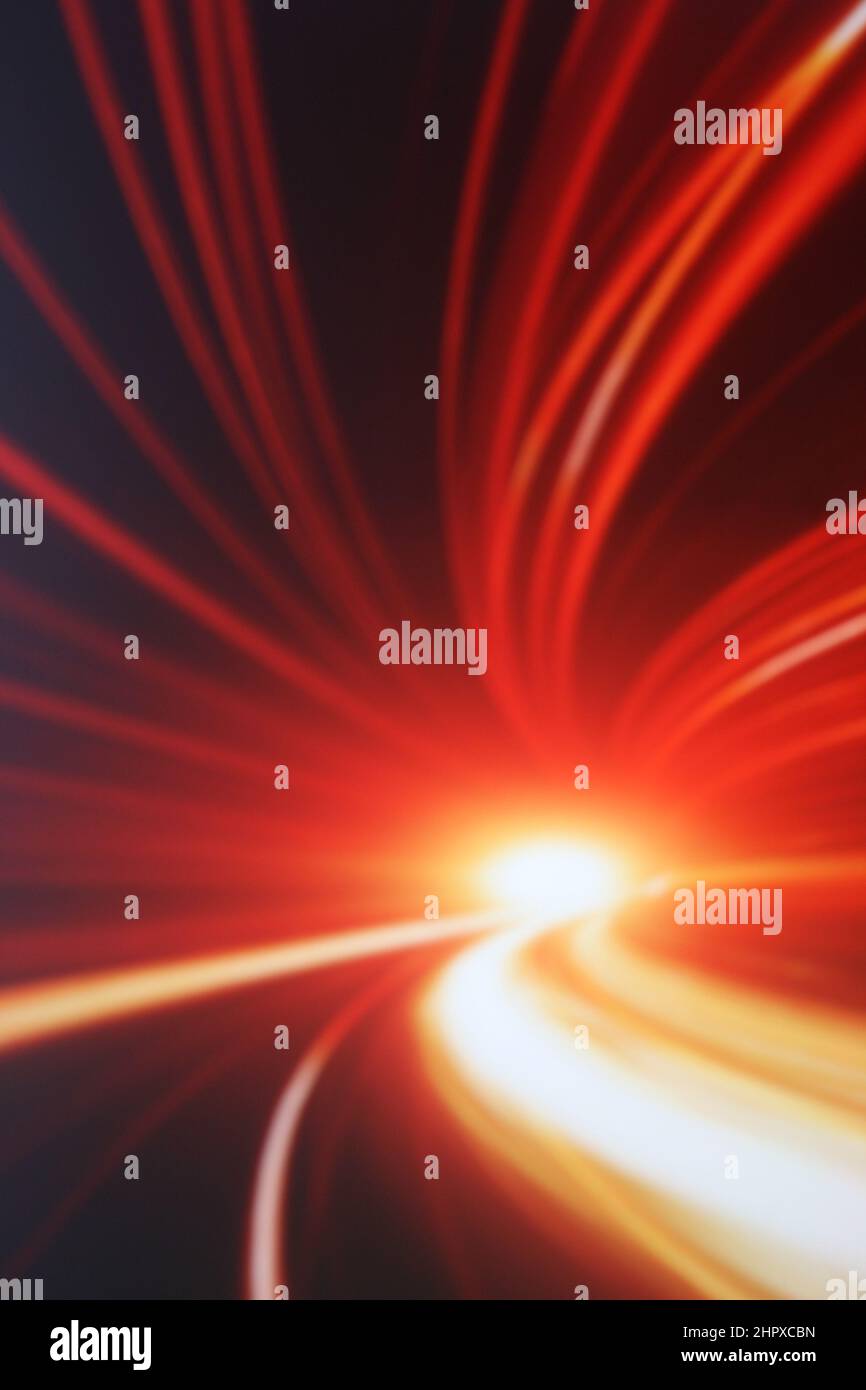 Vertical beautiful digital dynamic pattern. Red and orange light beams ...