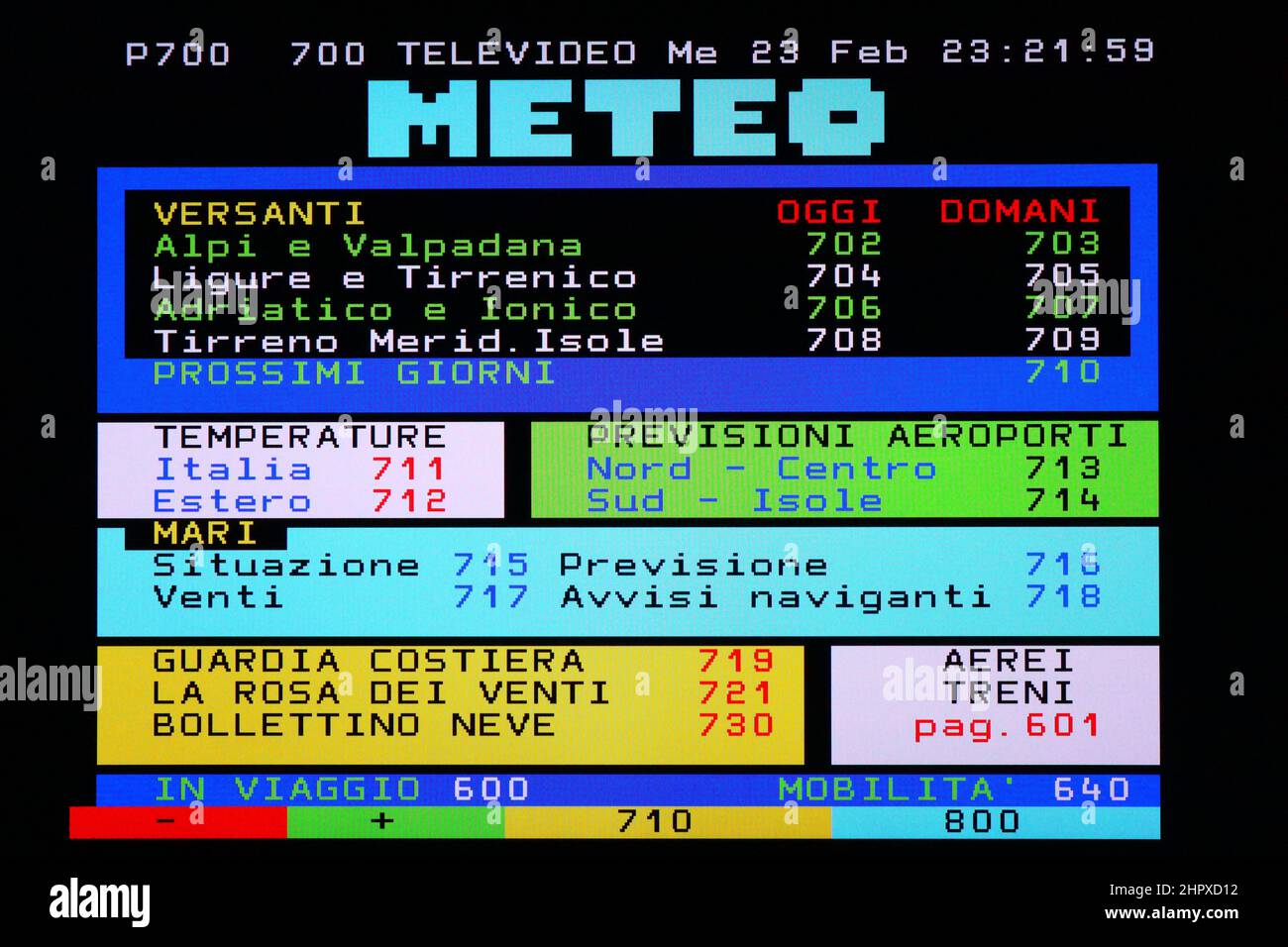 TELETEXT view of a page Televideo RAI, italian State-owned broadcast ...