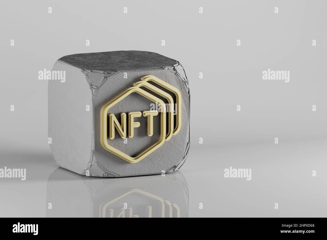 NFT Collection icon. Beautiful Golden NFT symbol icons on a beton cube ...
