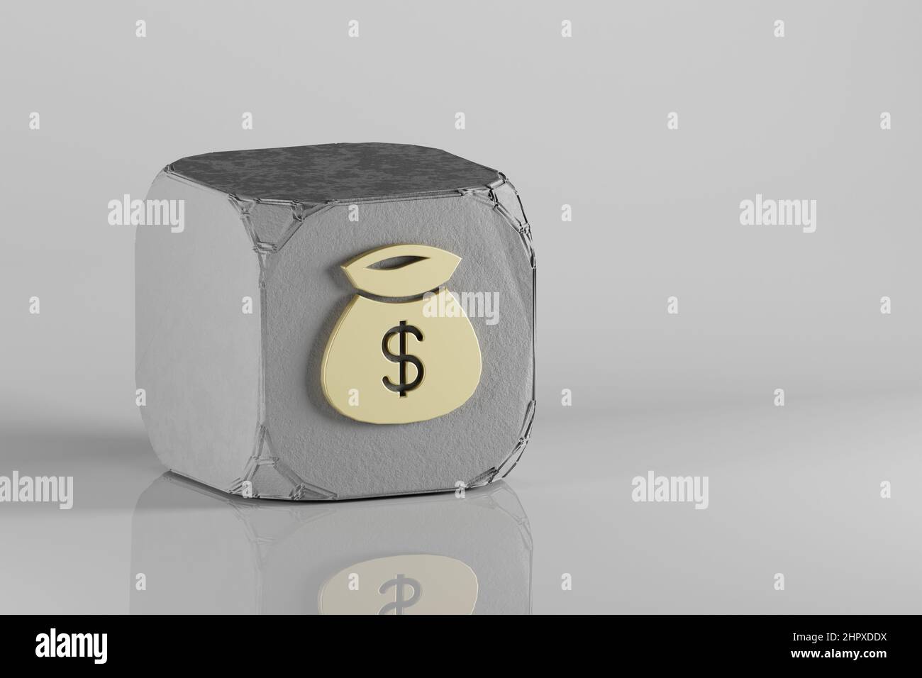 Money Bag icon. Beautiful Golden symbol icons on a beton cube and white ...