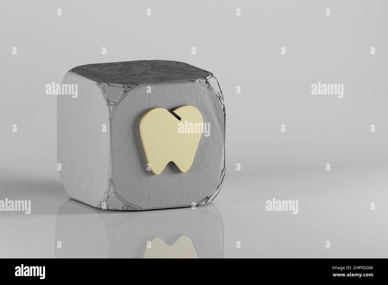 Tooth icon. Beautiful Golden symbol icons on a beton cube and white ...