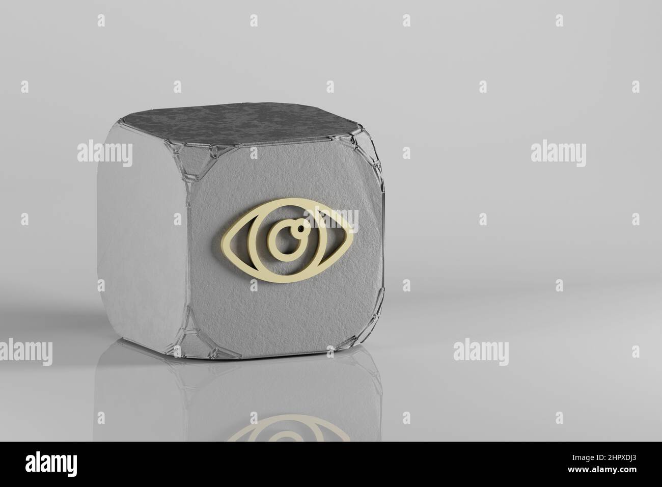 Eye icon. Beautiful Golden symbol icons on a beton cube and white ...