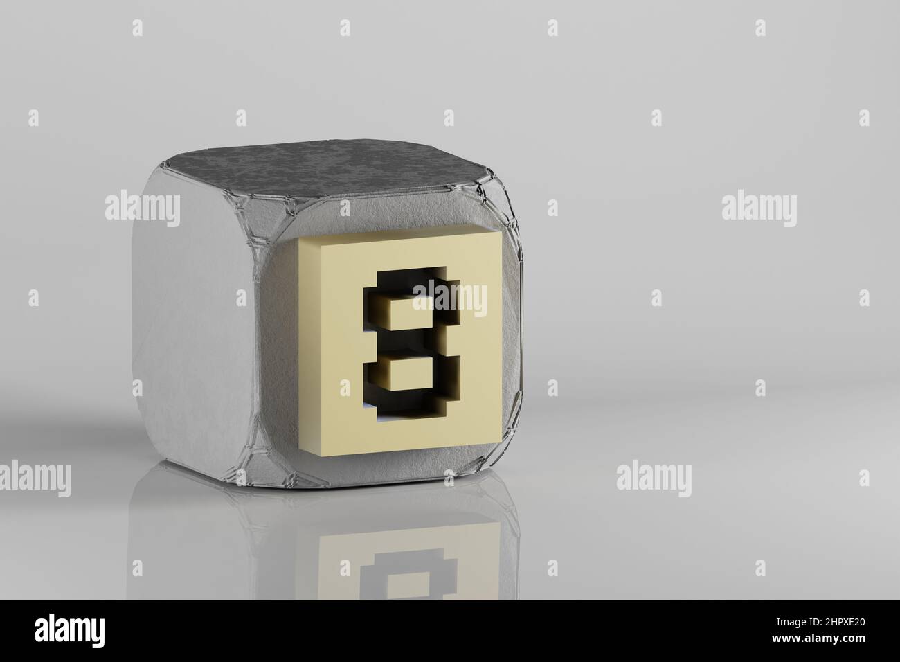 Beautiful Golden Pixel number 8 symbol icons on a beton cube and white ...