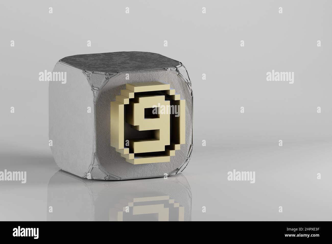Beautiful Golden Pixel number 9 symbol icons on a beton cube and white ...