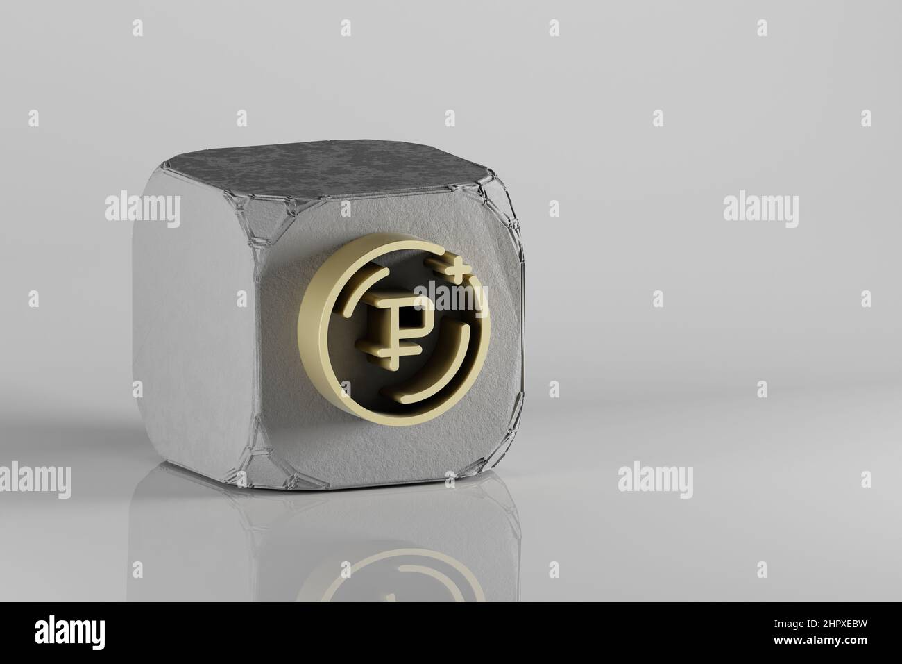 Beautiful Golden Ruble Coin symbol on a beton cube and white ceramic ...