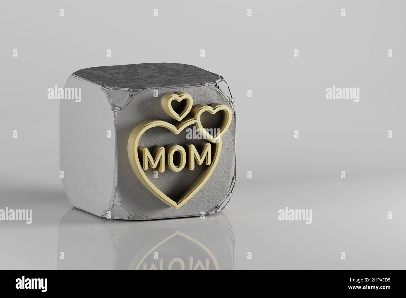 Beautiful Golden word MOM with heart symbol on a beton cube and white ...