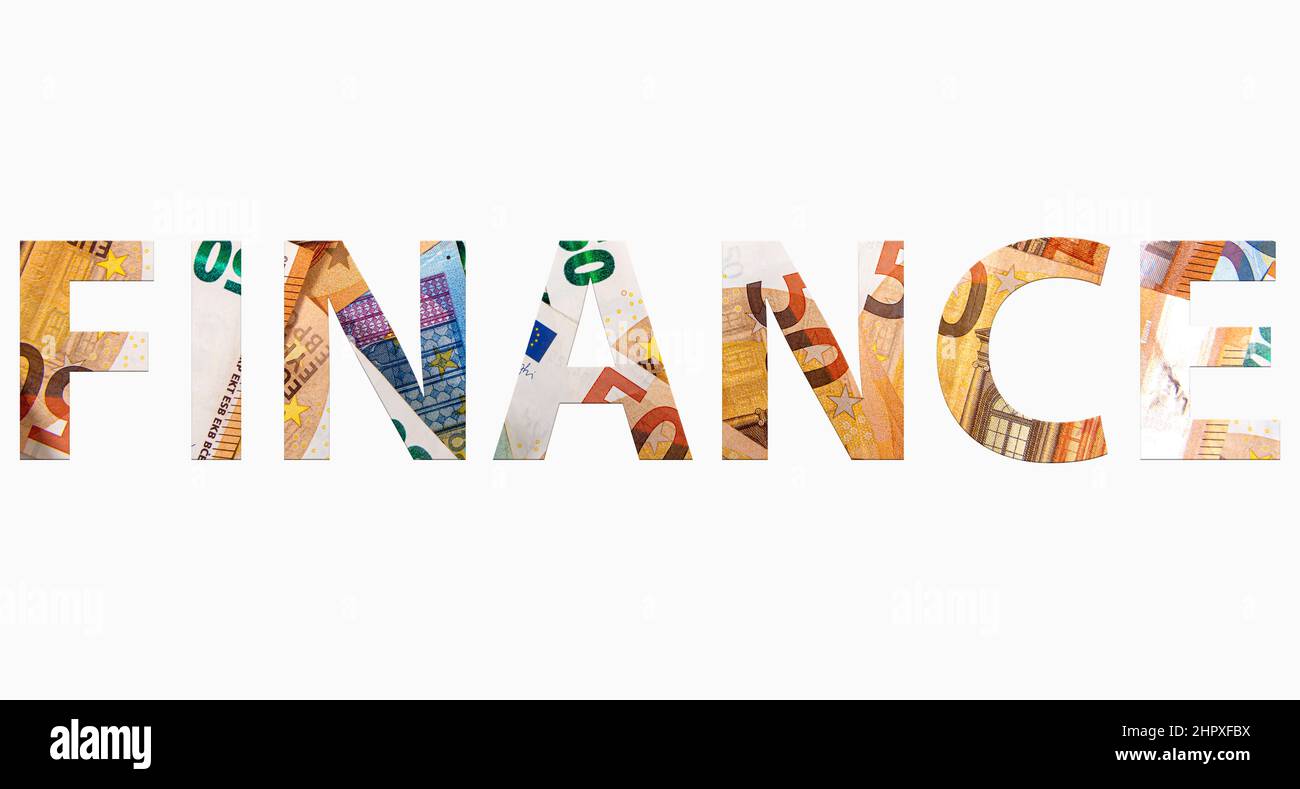 word FINANCE from euro banknotes isolated on white background, money ...