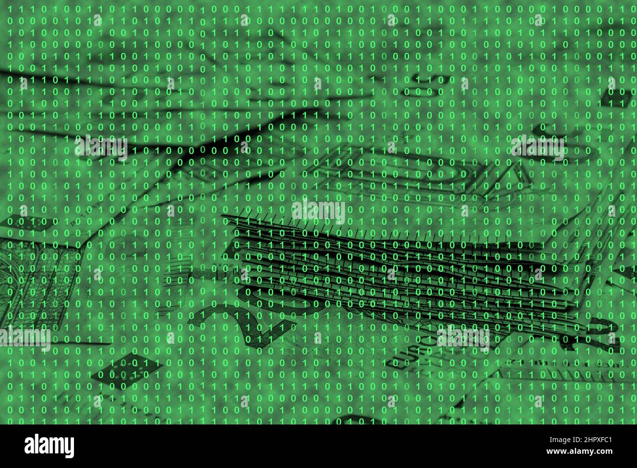 binary code grid from bright green numbers on the background of euro ...