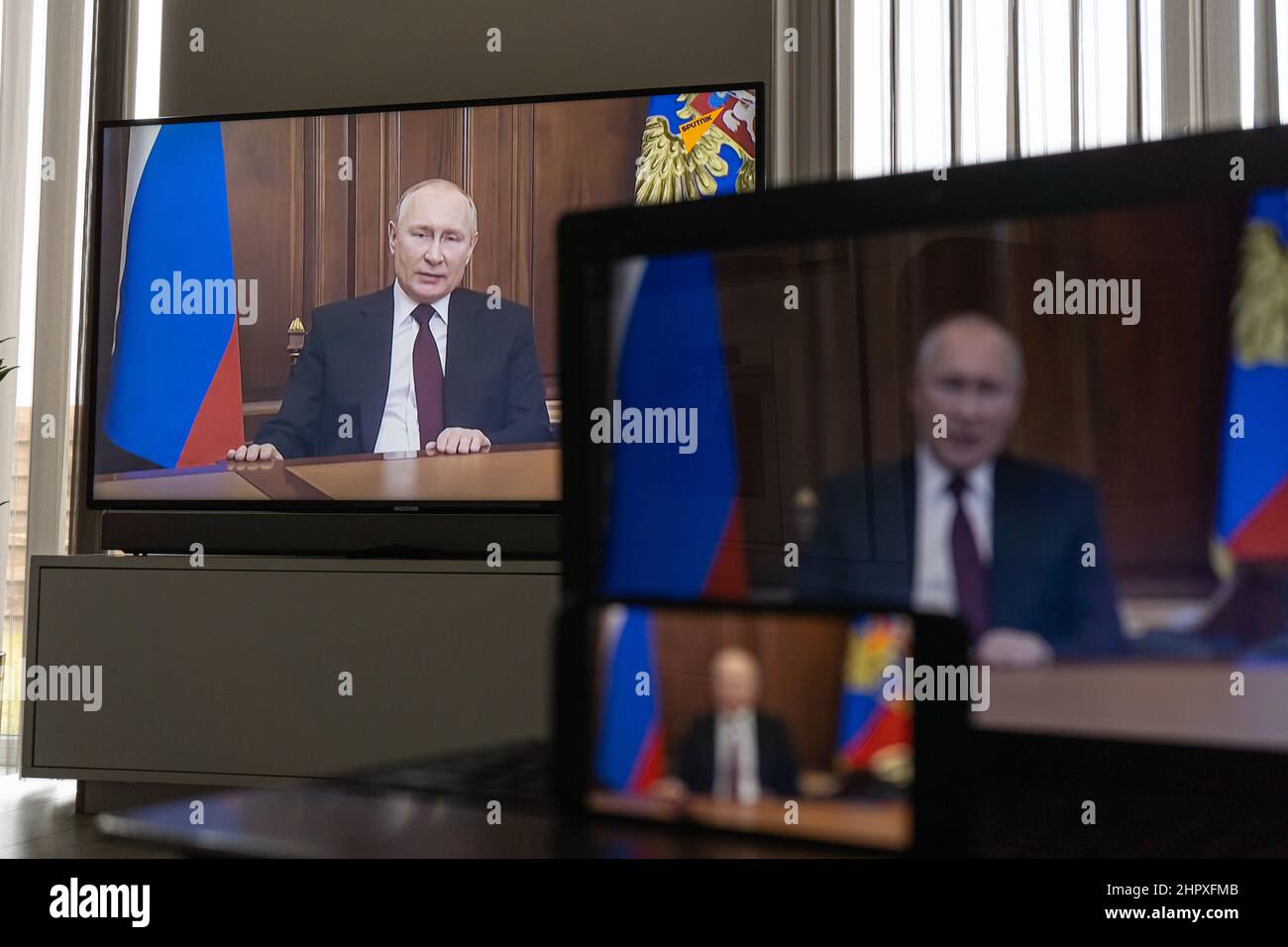Watching Vladimir Putin on TV. President of Rusia Vladimir Putin ...