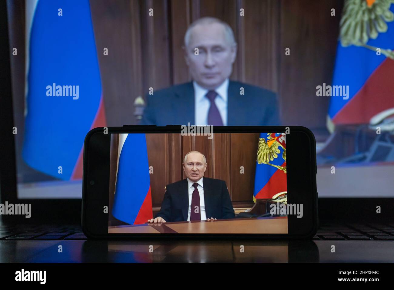 Watching Vladimir Putin on TV. President of Rusia Vladimir Putin ...