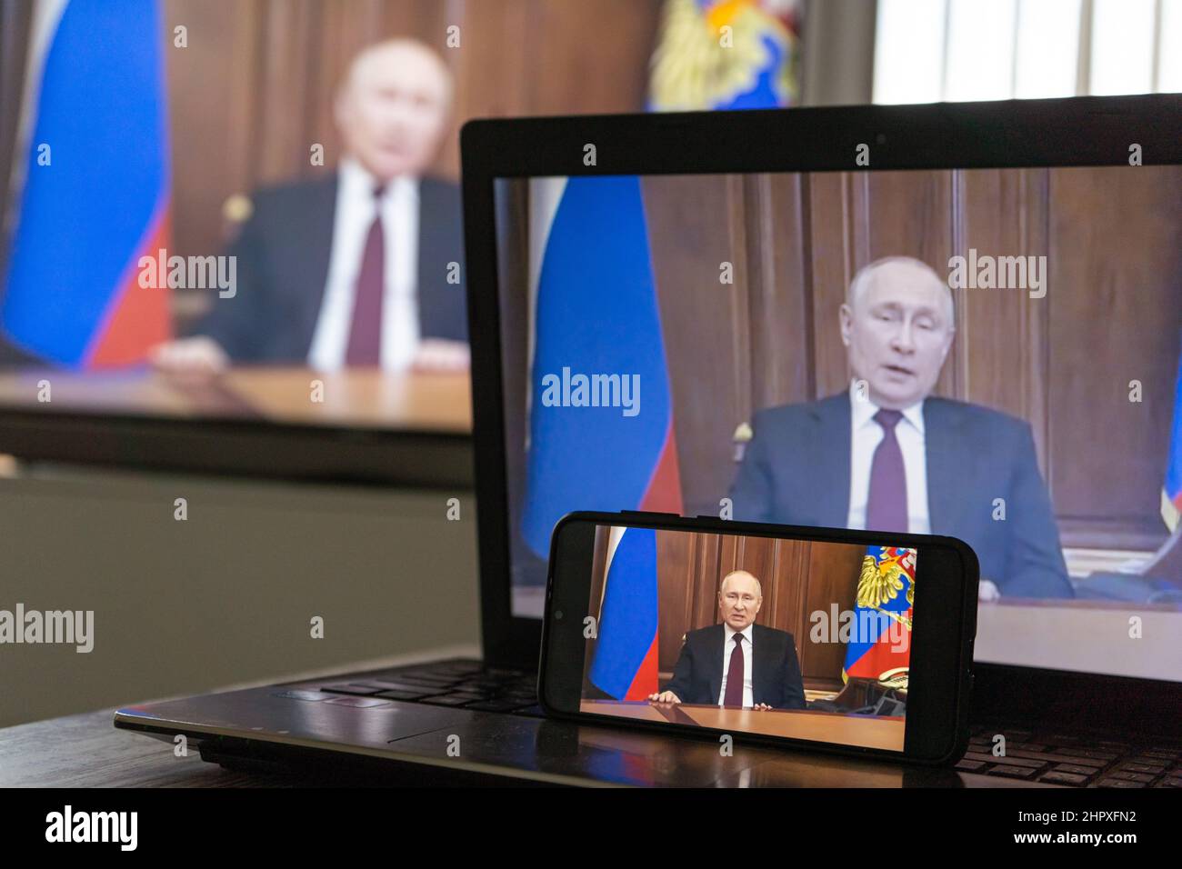 Watching Vladimir Putin on TV. President of Rusia Vladimir Putin ...