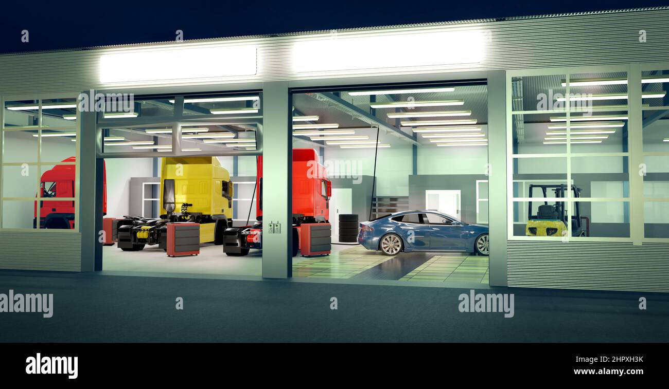 3D rendering with car and truck repair workshop Stock Photo - Alamy
