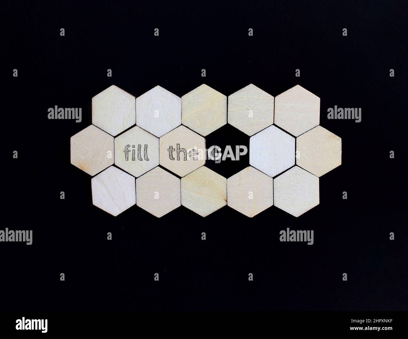 Top view image of wooden hexagon shape with text FILL THE GAP on black ...
