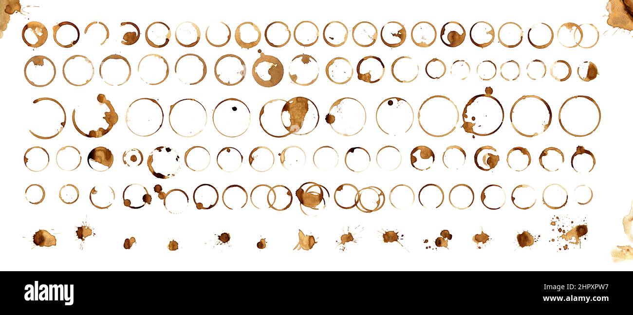 Set of various coffee stains from cups isolated on white background ...