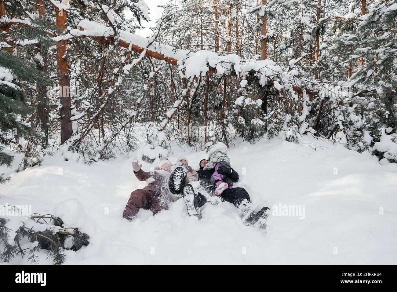 dad and mom and daughters lying in the snow in the winter forest Stock ...
