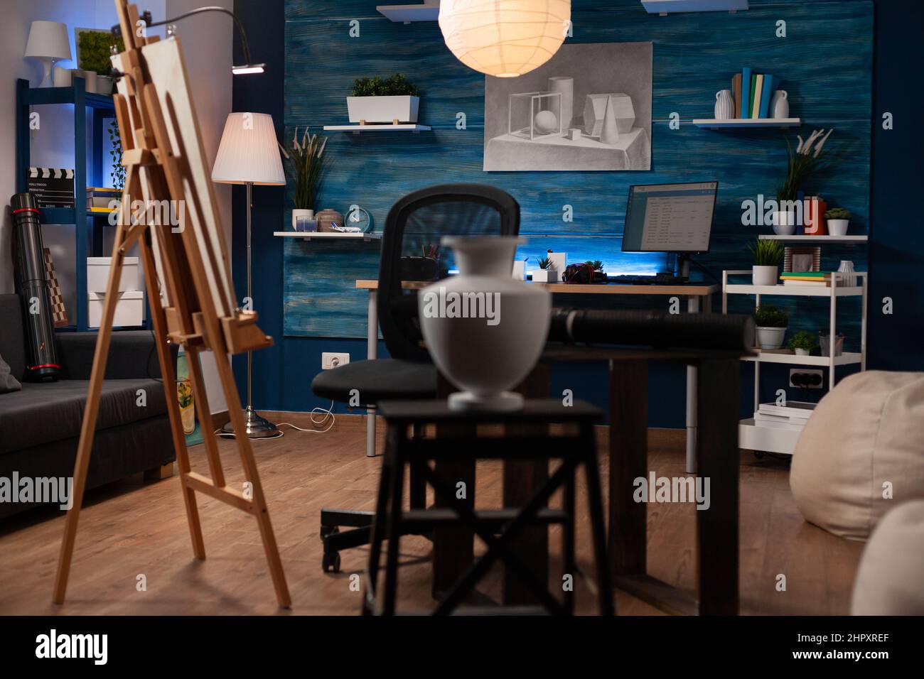 Empty artwork studio with drawing equipment. Workshop room filled with ...