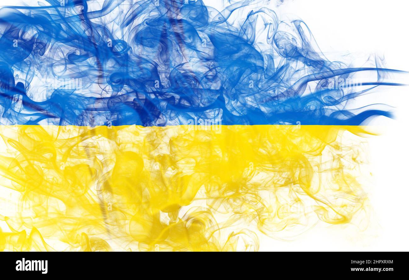 The Ukraine flag in smoke waving on white background. Concept of ...